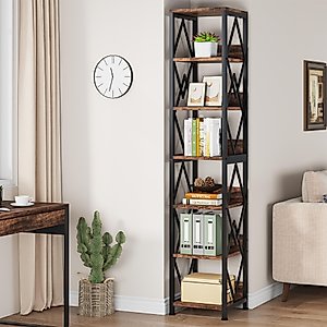 Tribesigns 6-Tier Bookshelf Storage Shelves: 75 Inches Tall Narrow Bookcase with Heavy Duty Metal Frame, Skinny Open Storage Display Rack for Living Room, Bedroom, Kitchen, Bathroom, Brown