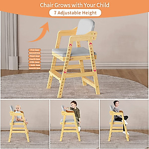 Toddlers High Chair, Adjustable Wooden High Chair for Toddlers with High Rebound Waterproof Cushion for Toddlers to Teens，Toddler High Chair with Steps for Kids Dining, Studying, Step Tool(Grey)