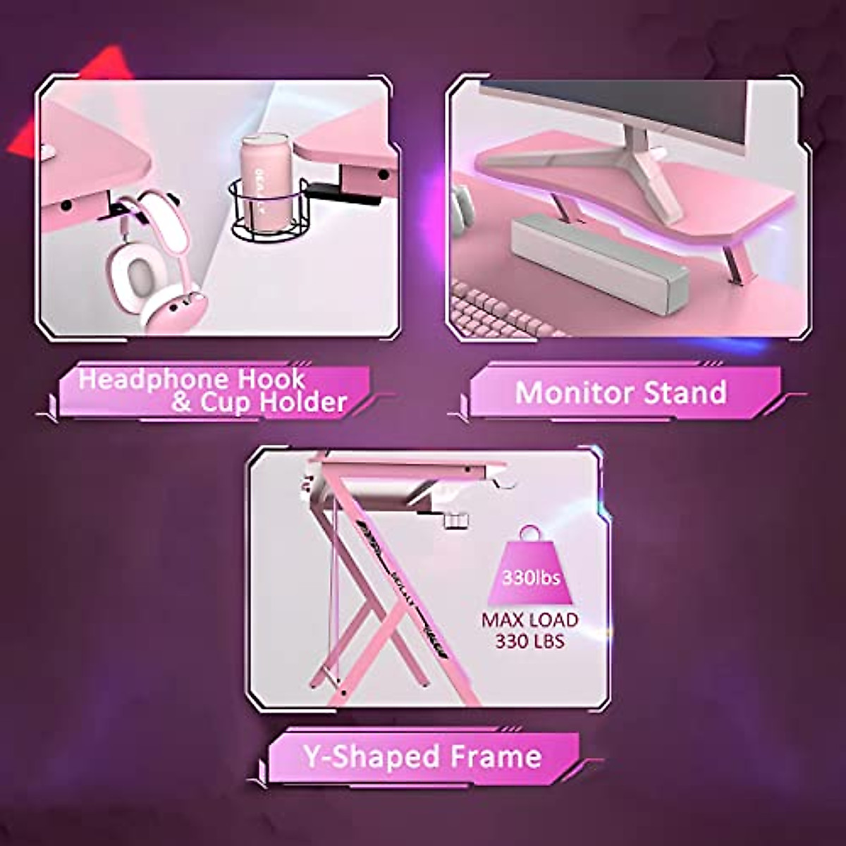 DEILALY Gaming Desk 45 Inch Computer Table Gamer Desk with Monitor Shelf Escritorios Mesa Office Home Study Desk Work Station PC Table Carbon Steel Leg with Headphone Holder Apartment Corner Desk Pink