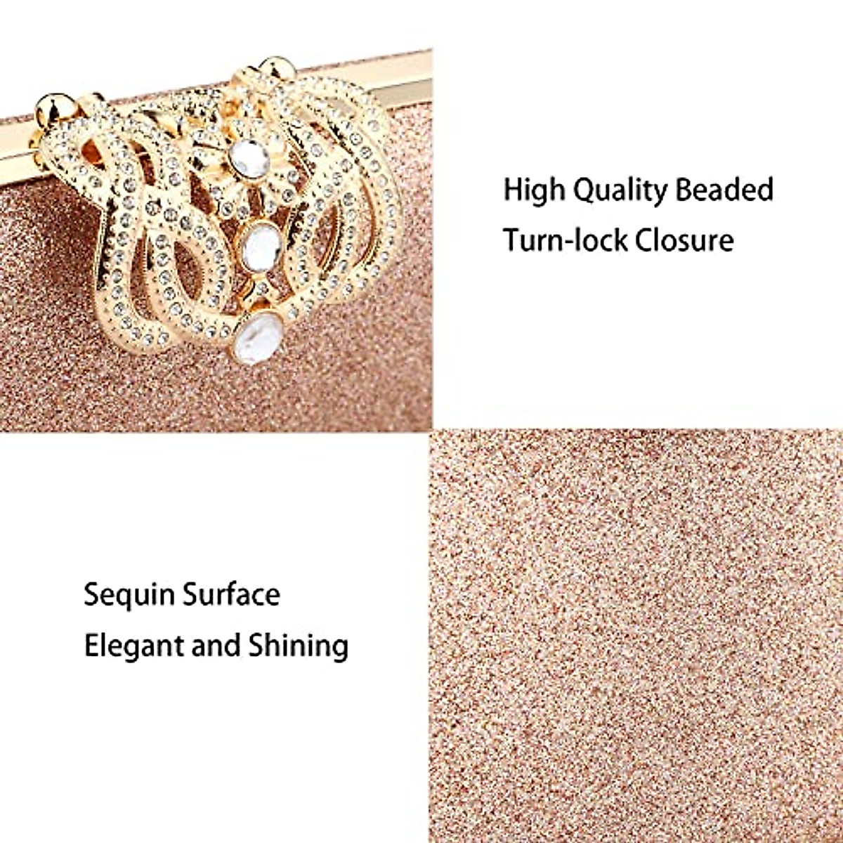 KALINNU Elegant Glitter Evening Bag Clutch Purses for Women Cocktail Party Wedding Bling Sequin Handbag Clutches Wallets (Rose gold color)