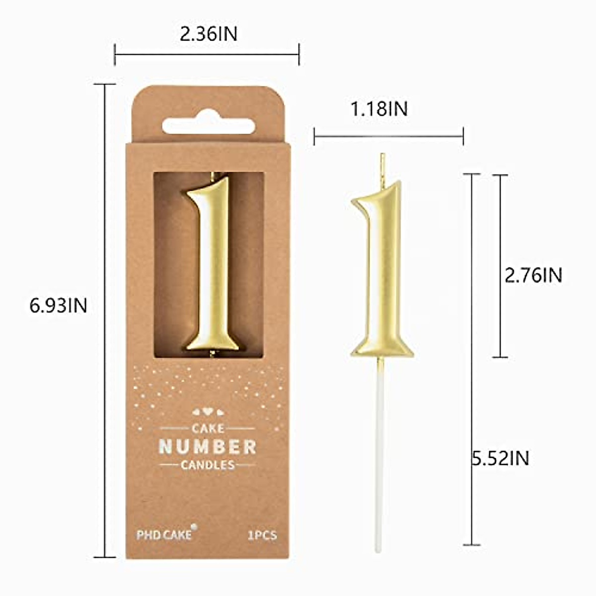 PHD CAKE 2.76 Inch Elegant Gold 1 Number Birthday Candles, Gold Number Candles, Cake Number Candles, Party Celebration
