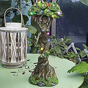 FORUP 14 Inch Tree Goddess Garden Statue, Resin Dryad Garden Figurine with 18 LEDs, Solar Powered Lighted Garden Sculpture for Outdoor Patio Lawn Yard Garden Decorations
