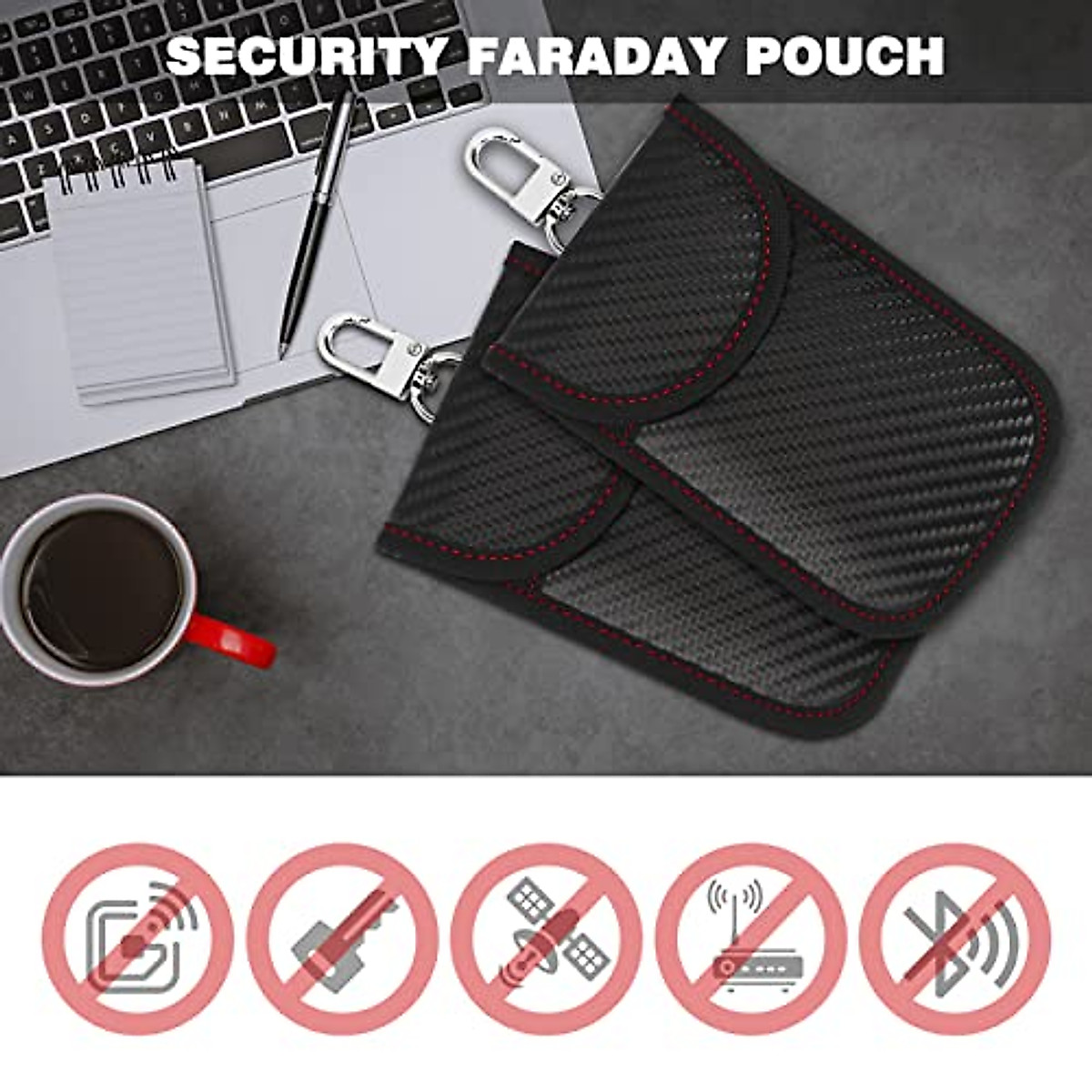 FYY (2 Pack Faraday Bags for Key Fob Protector, RFID Anti-Theft Faraday Key Fob Protector with Hook and Keyring, Key Fob Black Pouch for Car Security