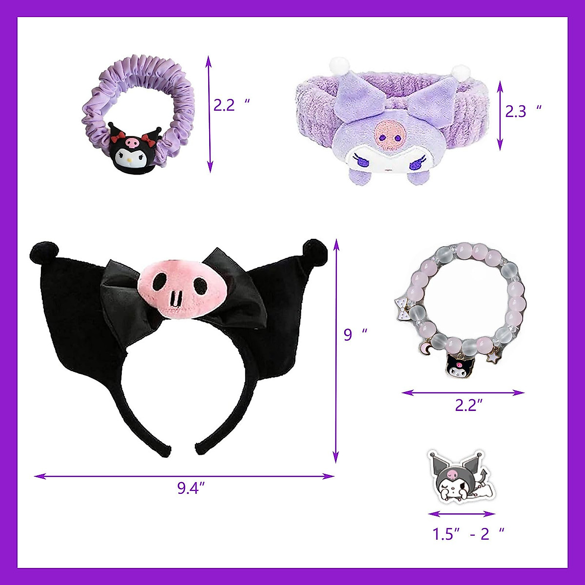 SMAROICE Kawaii Kuromi Gift Set including Cute Headbands Hair Tie Cosmetic Pouch Stickers Keychain Bracelets Necklaces