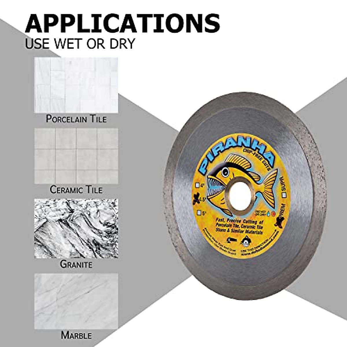 Delta Diamond Piranha Premium 4 1/2 Inch Tile Diamond Saw Blade, Continuous Rim, 7/8"-5/8" Arbor, Dry or Wet Cutting Porcelain & Ceramic Tiles (4.5")