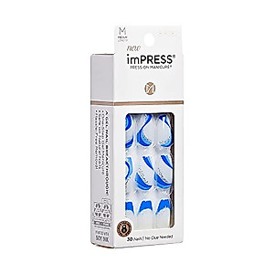 KISS imPRESS Press-On Manicure Fake Nails, Medium Coffin, Mesmerize, Blue, Comfortable, Super Hold Adhesive, No Glue/Polish, Chip Proof, No Dry Time, Smudge Proof, Waterproof | 30 Count