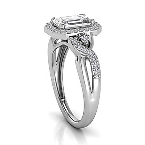 Pretty Jewels 925 Sterling Silver Center 8X6MM Emerald Cut Lab Created Moissanite And Natural White Diamond Infinity Halo Solitaire Engagement Rings for Women Gift For Her (2.05 Cttw) Ring Size-9