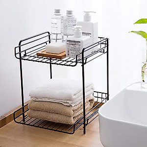 2 Tier Cabinet Organizer, Lainrrew Stackable Under Sink Organizer Mesh Basket Under the Sink Storage Organizer Shelves Rack for Home, Kitchen, Bathroom, Countertop (Black)