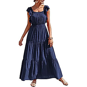 PRETTYGARDEN Women's Summer Bohemian Sleeveless Maxi Dress Square Neck Ruffle Flowy Long Sun Dress Wedding Guest Dress 2023 (Solid Navy, Medium)