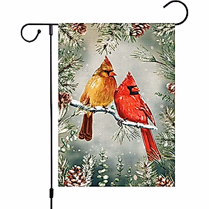 Heyfibro Welcome Winter Garden Flag Cardinal Red Bird Holly Berry Branches Snow Welcome Winter Flags 12x18 Inch Double Sided Burlap Banner for Winter Holiday Christmas Yard Outdoor Decoration(ONLY FLAG)