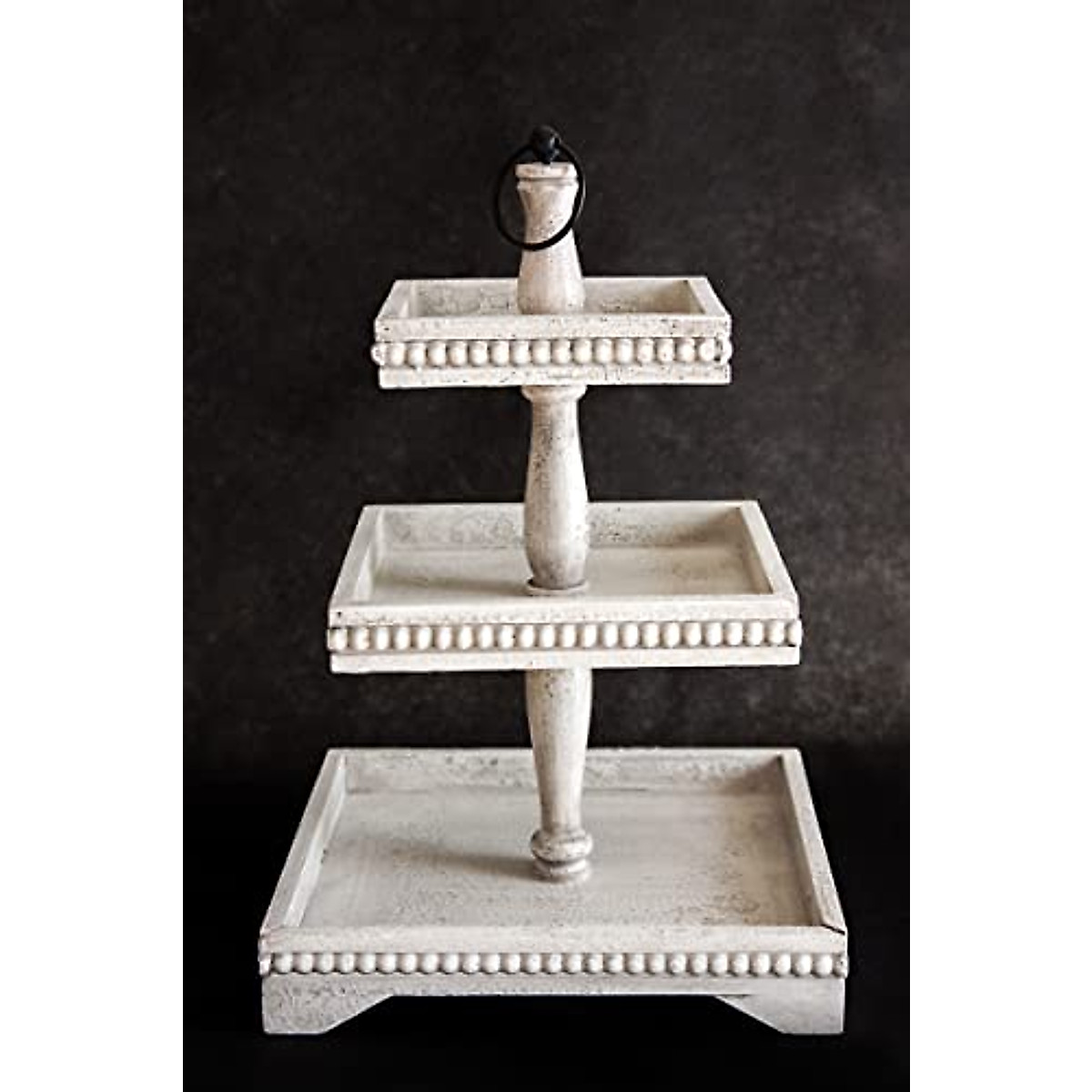 KEFO Three Tiered Beaded Tray Decor Stand - 12 x 18 Inch Large White Wooden 3 Tiered Tray Stand - Decorative Rustic Distressed 3 Tier Tray Decor Table Centerpiece - Tiered Serving Tray for Home Decor