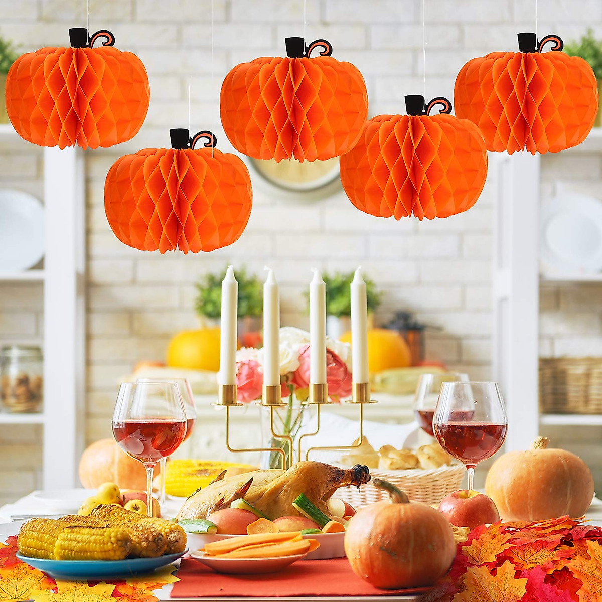 WILLBOND 5 Pieces Fall Tissue Paper Pumpkin and 200 Pieces Autumn Maple Leaves Fall Artificial Pumpkin Honeycomb Maple Leaves for Halloween Thanksgiving Fall Festival Holiday Party Favor