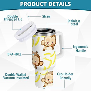 Stainless Steel Vacuum Insulated Tumbler 40 Oz with Handle and Straw, Cute Monkey Banana Travel Coffee Tumbler