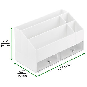 mDesign Plastic Makeup Storage Organizer with 2 Drawers and 5 Divided Sections for Bathroom, Vanity, Cabinet, Countertops - Storage for Cosmetics, Brushes, Blush - Lumiere Collection - White/Clear