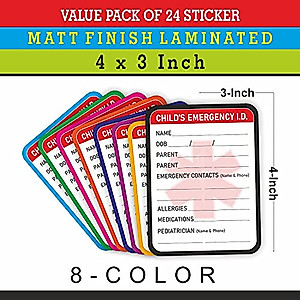 Infant Emergency Contact Sticker - (Pack of 24) 4" x 3" Child Medical Information ICE Stickers for Kids Vehicle Baby Car Seats Windows
