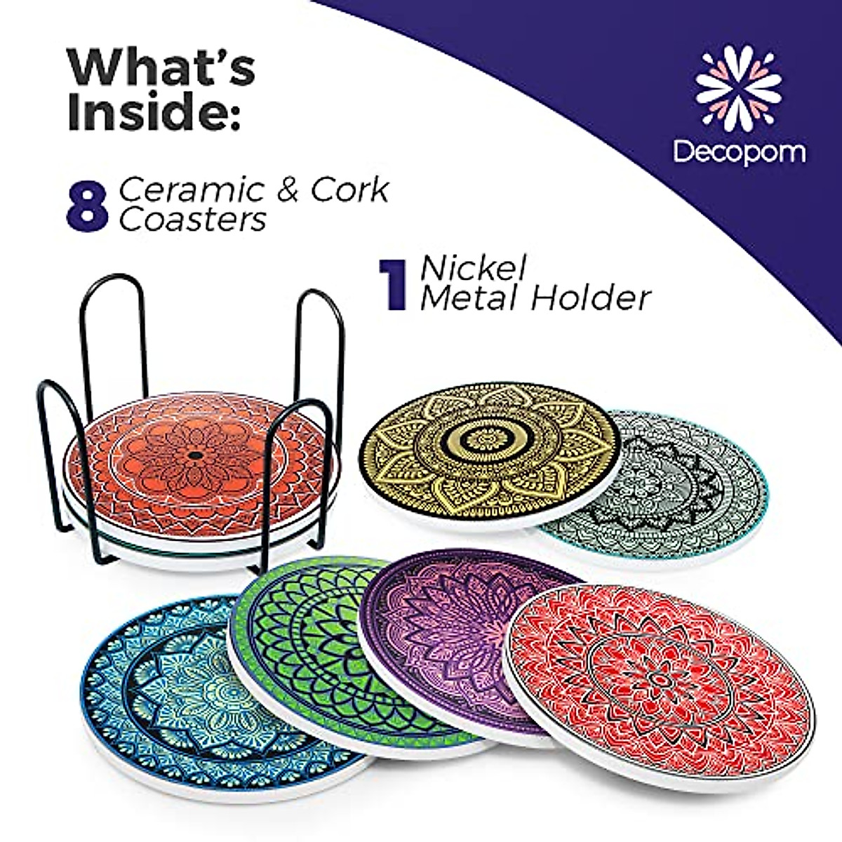 Mandala Drink Coasters with Holder - 8 Set Ceramic Boho Coasters for Drinks Absorbent with Cork Base and Black Holder - Coasters for Coffee Table Apartment Wooden Bar Mug Glasses Cup Beer