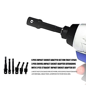 Drill Bit Extension Set-6 PCS Impact Socket Adapter Set 1/4” 3/8” 1/2” Hex Shank 3 Swivel /3 Straight Impact Driver Bit Set Socket Holder Drill Attachment Accessories for Hard-to-Reach Spaces-BLS6