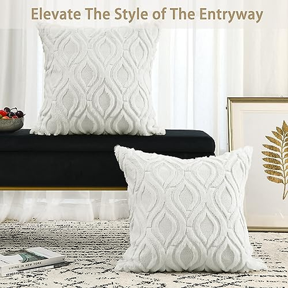 Volcanics Decorative Throw Pillow Covers 18x18 Inch, Faux Wool Plush Couch Cushion Cases Soft Fluffy Boho Pillowcases, Set of 2, Cream Beige