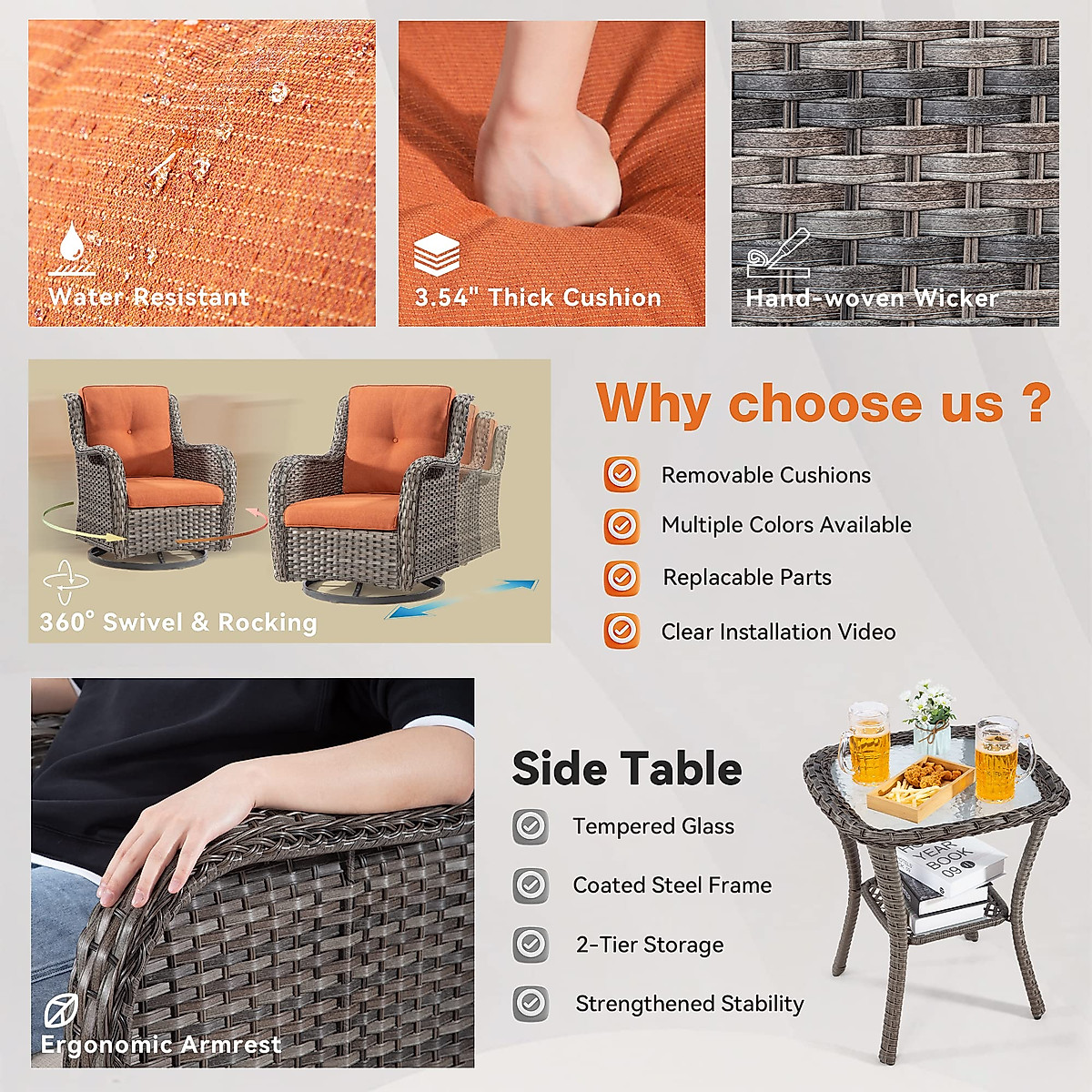 Gardenbee Wicker Patio Furniture Set 8-PCS with A 3-Seat Sofa, 2 Swivel Rocking Chairs, 2 Armchairs, 2 Ottomans and 1 Side Table Patio Conversation Set, Orange