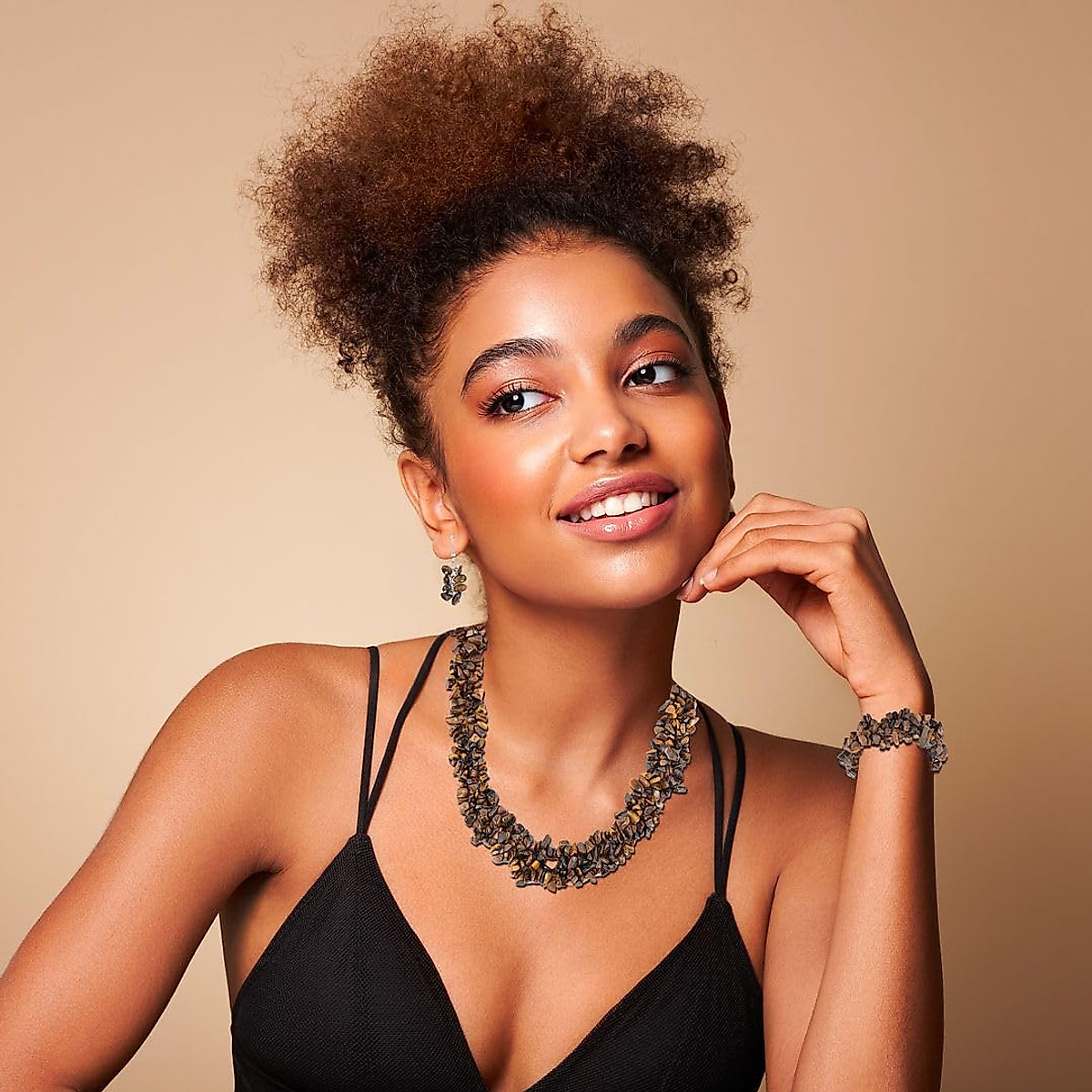 Shop LC Tigers Eye Gemstone Chips Necklace, Earrings & Bracelet Set - Cluster Stainless Steel Jewelry for Women - Boho Beach Healing Crystal Jewelry - Necklace Length 18" - Stretchable Bracelet