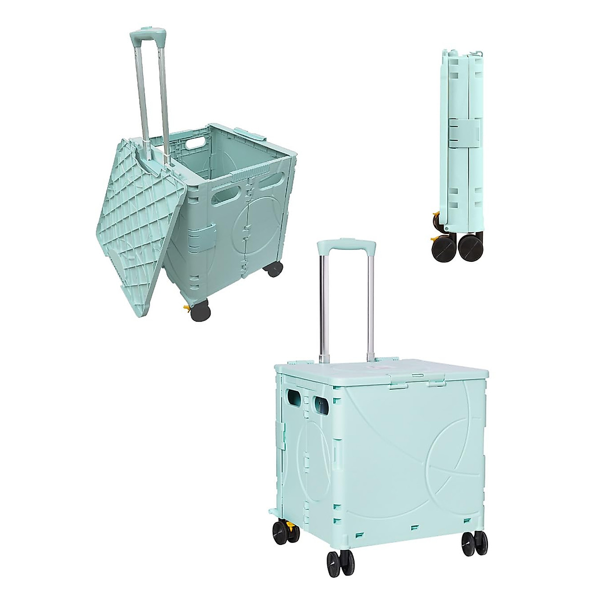 Kutatek Foldable Utility Cart, Collapsible Rolling Crate, 4 Universal Wheels with Two Brakes, Never-Lost Hinged Lid, Telescopic Handle for Home, Grocery, Office, School, Camping use (Mint, 1.8 Cu Ft)