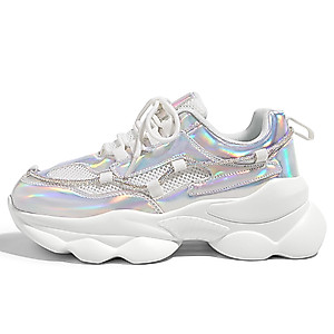 LUCKY STEP Women's 90s Chunky Sneakers Sparkly Bling Rhinestone Rope Platform Casual Thick Dad Rave Walking Shoes(Hologram Silver,7 B(M) US)