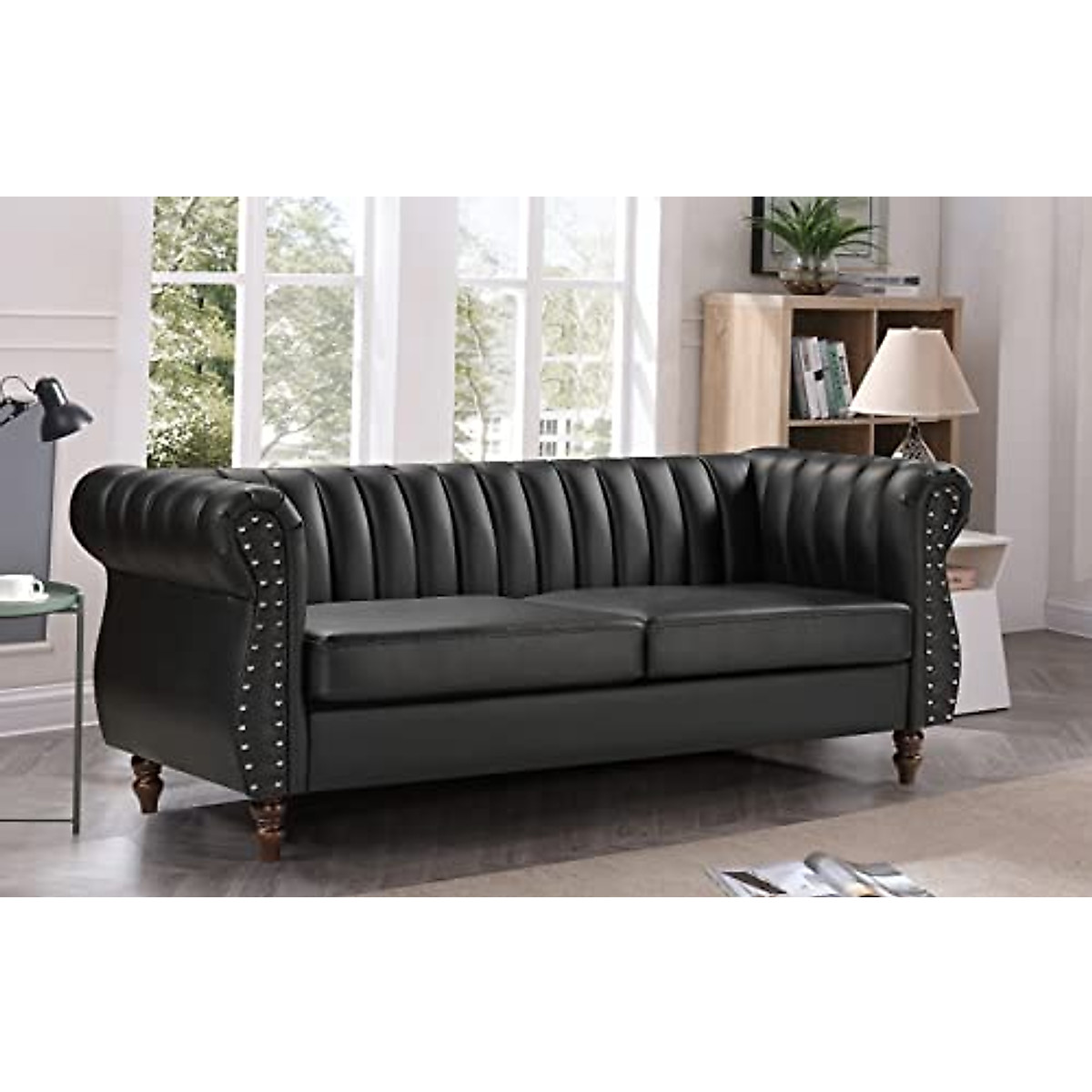 Container Furniture Direct Chesterfield-Inspired 77" Faux Leather Sofa with Elegant Design, Gourd Legs, and Sustainable Pleather Upholstery, 3 Seater Couch for Living Rooms and Offices, Black
