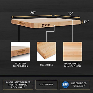 John Boos Maple Wood Cutting Board for Kitchen Prep, 20" x 15" x 1.5" Thick, Large Edge Grain Rectangular Reversible Charcuterie Boos Block