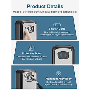 Puroma Security Key Lock Box, 4-Digit Combination Waterproof Portable Key Storage Lockbox Wall Mount 5 Key Large Capacity for House Key, Special Car Key, ID Card (Black & Gray)