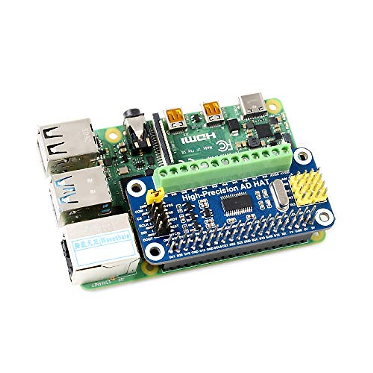 Waveshare High-Precision AD HAT, Compatible with Raspberry Pi 5/4B/3B/Zero/Zero W/Zero 2W/Pico/Pico W/Pico WH and Jetson Nano, ADS1263 10-ch 32-bit ADC