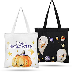 LEIFIDE 2 Pieces Halloween Bag Reusable Canvas Candy Bag Large Happy Halloween Pumpkin Bag Ghost Goody Bag for Halloween Party Favor Grocery Shopping, 12.99 x 12.6 Inch