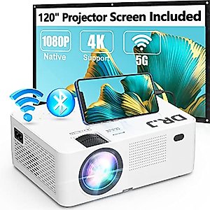 5G WiFi Bluetooth Projector, Full HD Native 1080P Projector 9500Lumens with Wireless Mirroring Screen, Compatible with TV Stick/HDMI/DVD Player/AV for Theater Movies [120" Projector Screen Included]