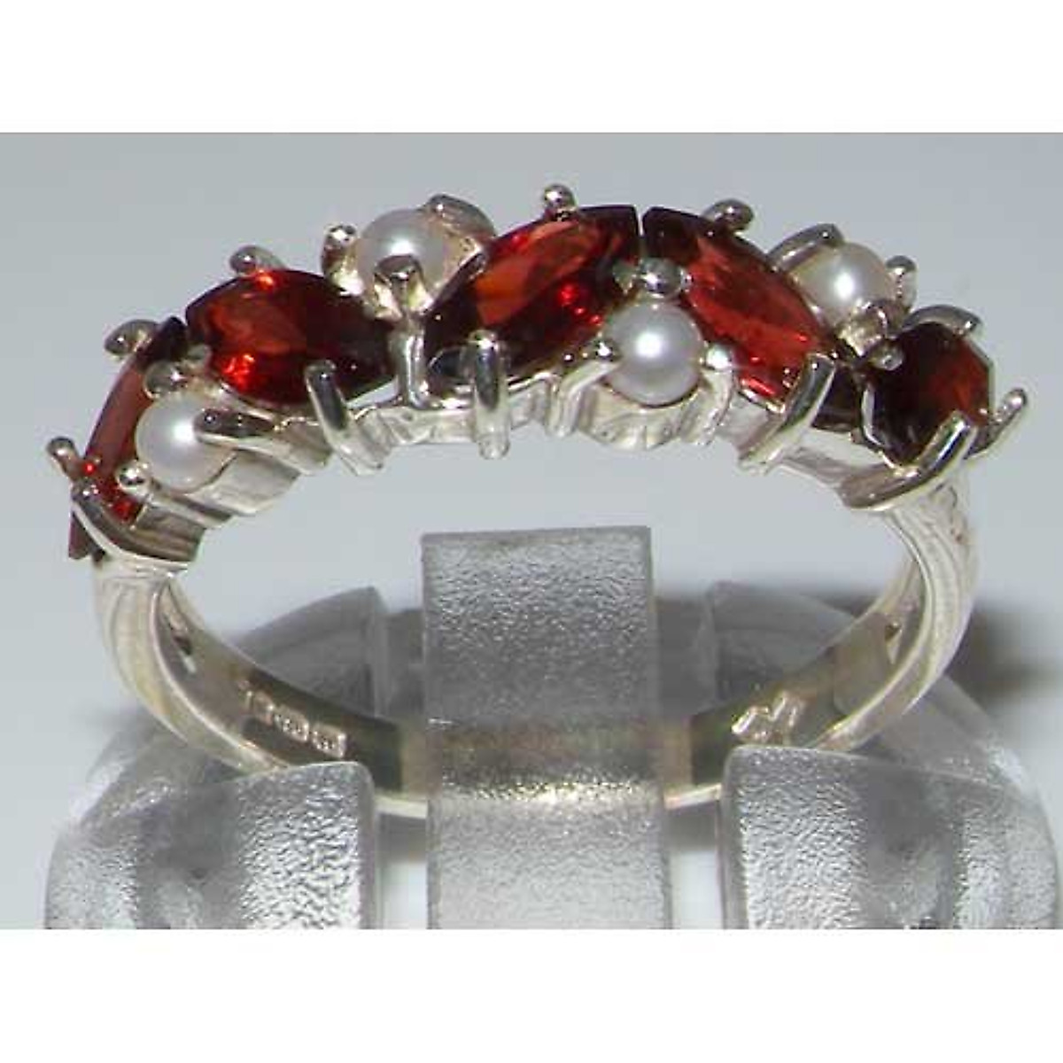 LetsBuyGold 925 Sterling Silver Real Genuine Garnet & Cultured Pearl Womens Eternity Engagement Ring - Size 6