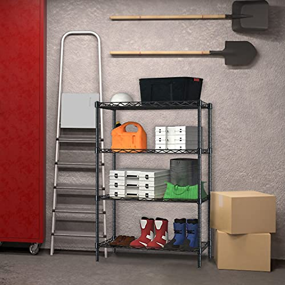 Txxplv 4 Tier Storage Shelf Wire Shelving Unit Rack, Adjustable Metal Shelves for Kitchen Laundry Garage with Leveling Feet (Black)