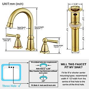 CREA Widespread Bathroom Faucet 3 Hole Brushed Gold Sink Faucet 8 inch with Pop Up Drain 2 Handle 4 inch Faucets for Vanity Lavatory Basin Restroom Bath Sink