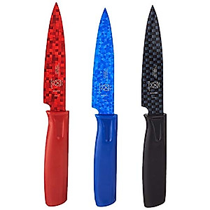 Mercer Culinary Non-Stick Paring Knives with ABS Sheaths, 4 Inch, Red/Blue/Black, 3 Pack