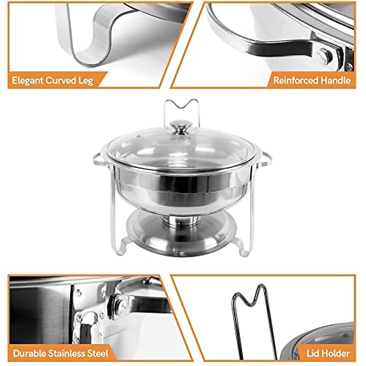 BriSunshine 2 Packs 4 QT Round Chafing Dish Set, Stainless Steel Chafing Dishes for Buffet, Food Warmers with Glass Lid & Holder for Weddings Parties Catering