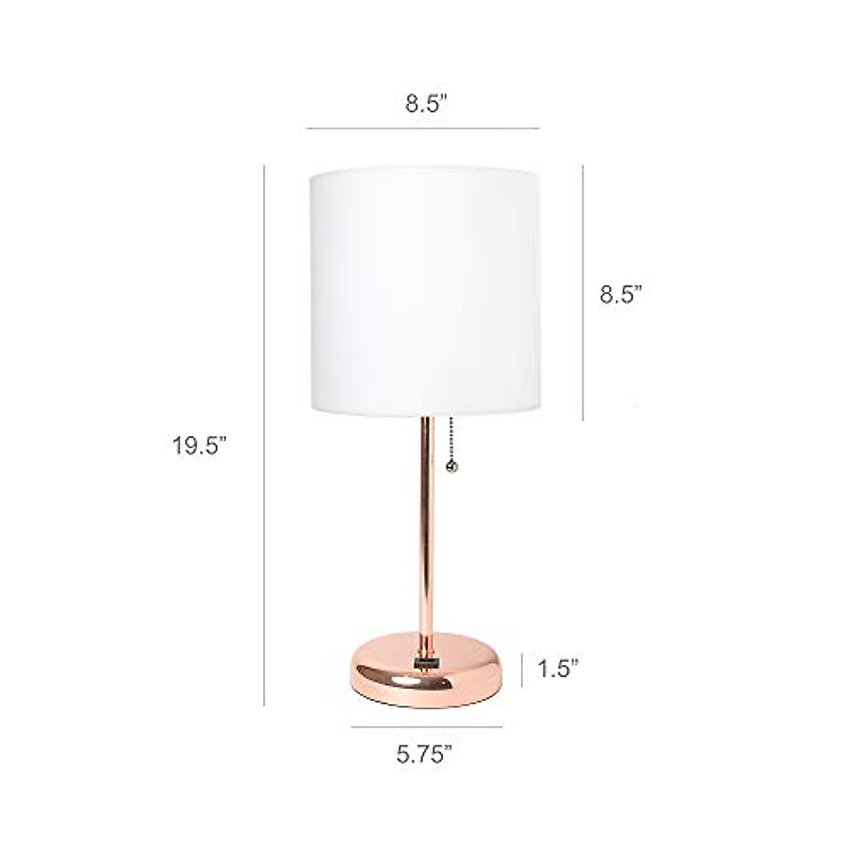 Limelights LC2002-RGD-2PK Rose Gold Stick Lamp with USB Charging Port and White Fabric Shade 2 Pack Table Desk Lamp Set