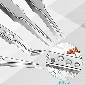 8 Pcs Tweezers Set Stainless Steel Tweezers Forceps with Magnifying Glass Straight Fine Point Forceps Curved Round Flat Tip Tweezers 9 Holes Straight Curved Tip Tweezers for Beauty Craft (Simple)