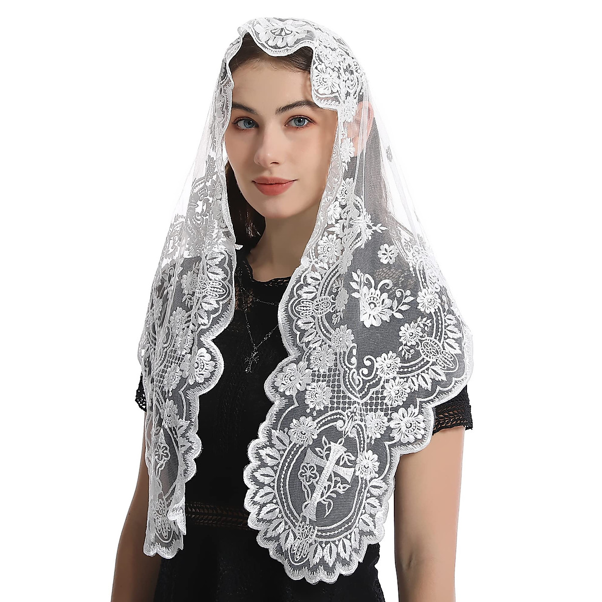 Bozidol Church Triangular Head covering - Cross Chalice Embroidered Vintage Church Veil for Women