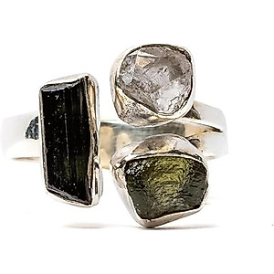 Moldavite, Black Tourmaline, Herkimer Diamond Ring With Certified Czech Republic Natural Gemstone 925 Solid Sterling Silver Handmade Jewelry (9.5)