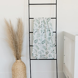 Organic Swaddle Blanket and Hat Set - Boho Baby Receiving Blanket Neutral - Soft Organic Cotton and Bamboo Muslin Swaddle Blanket, Eucalyptus Leaves, Birth Announcement Card, 47" x 47"