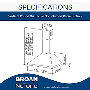 Broan-NuTone BW5036SSL Convertible, 3-Speed Wall-Mounted LED Lights Stainless Steel Chimney Range Hood, 380 Max Blower CFM, 36-Inch
