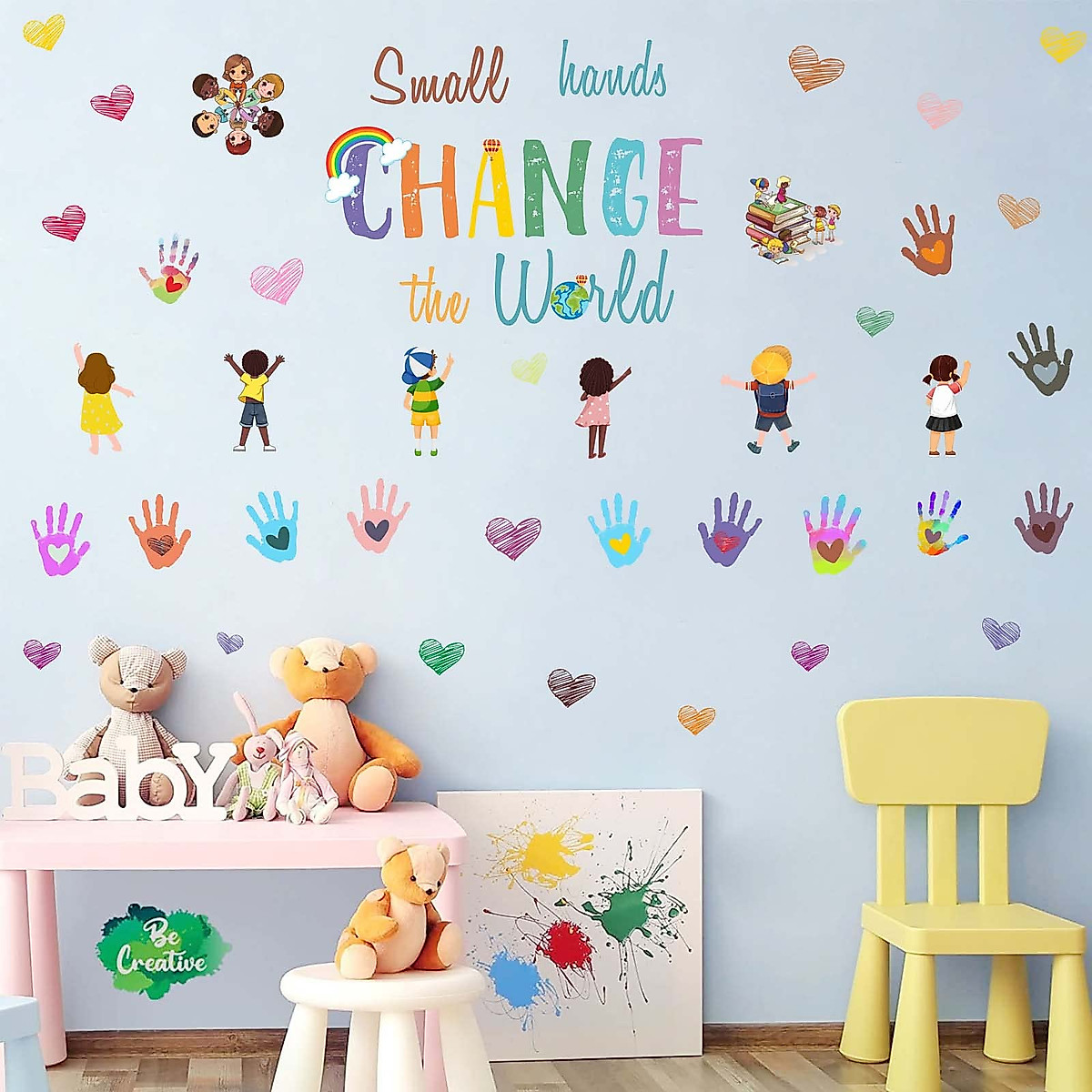 HATARU Colorful Inspirational Saying Wall Decals,Motivational Quotes Wall Stickers,Small Hands Wall Decals Nursery Decor,Change The World Handprints Wall Decals for Kids Room Classroom Decor
