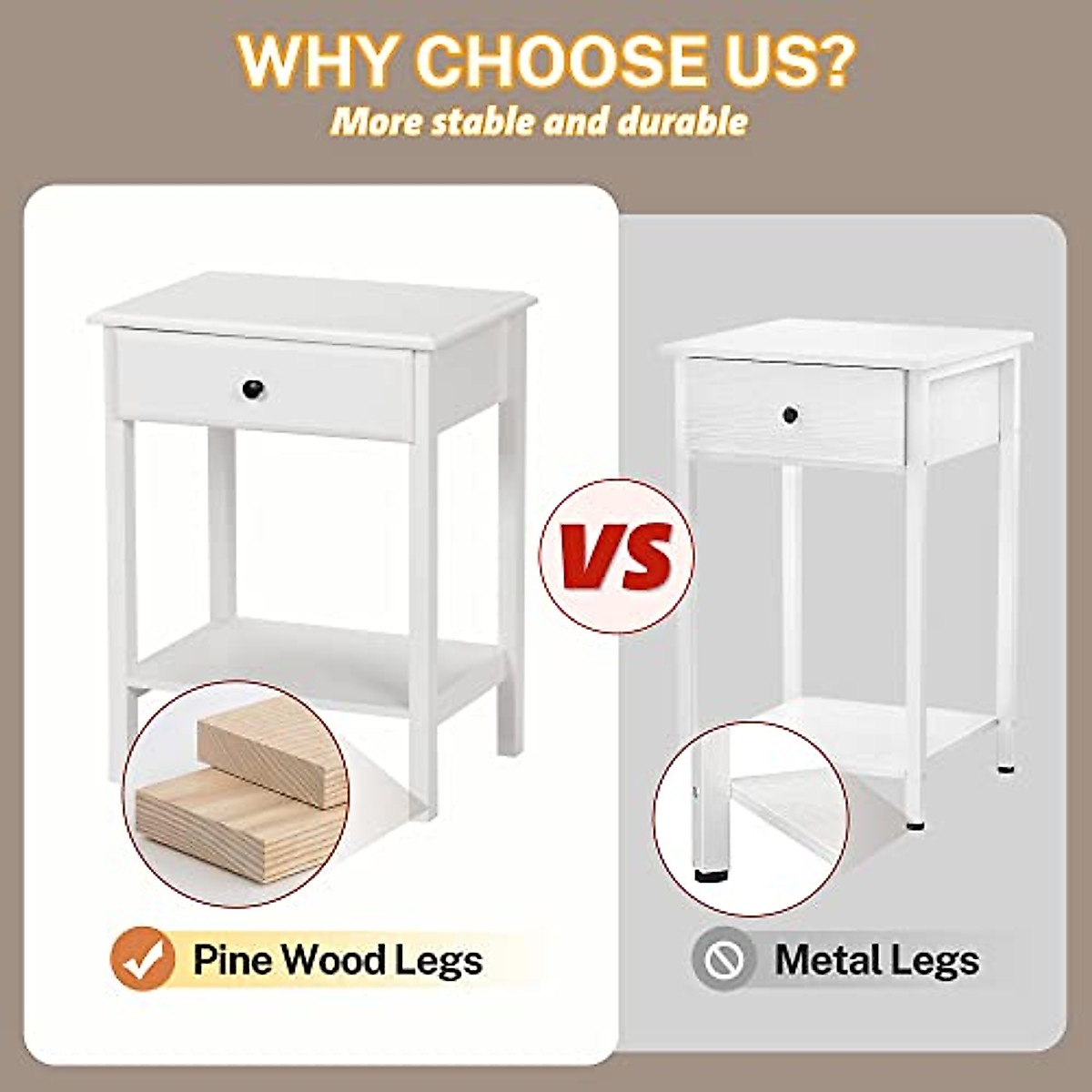 JAXPETY 2-Tier White Nightstand Bedside Table Bedroom Furniture with Spacious Drawer and Storage Shelf, Ivory