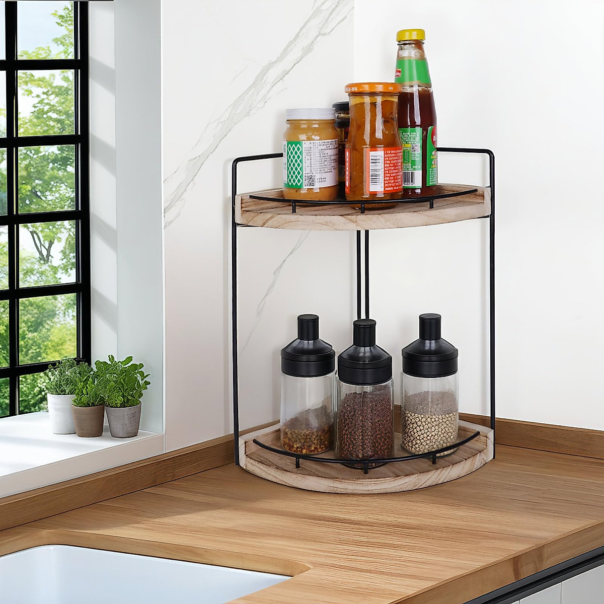 JOCHER 2-Tier Bathroom Counter Organizer,Vanity Counter Corner Shelf, Skincare, Wood Countertop Bathroom Storage and Organization for Kitchen (Brown)