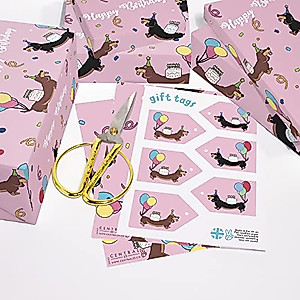 CENTRAL 23 Birthday Wrapping Paper - 6 Sheets of Gift Wrap - Sausage Dogs - Dog Wrapping Paper - Pink Balloons Cakes Pet - Comes With Fun Stickers