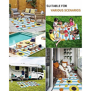Outdoor Rug 5' x 8', Fall Pumpkin Sunflowers Large Area Rugs for Patio/RV/Deck/Porch/Indoors, Thanksgiving Harvest Blue Stripes Water Absorption Camping Rug Carpet, Lightweight Washable Rug Runners