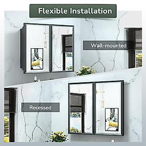 TokeShimi 40x30 Recessed Medicine Cabinet with Mirror, Silver Mirror with Storage Bathroom Aluminum 2 Door, Wall Mounted Metal Recessed Medicine Cabinets for Bathroom with Beveled Mirror