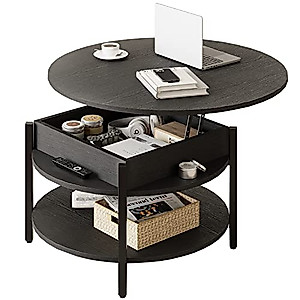 FABATO Round Lift Top Coffee Table with Storage and Hidden Compartment, 35.43'' Farmhouse Coffee Table for Living Room Reception Room, 2 Tier Large Round Coffee Table Round Dining Table, Black